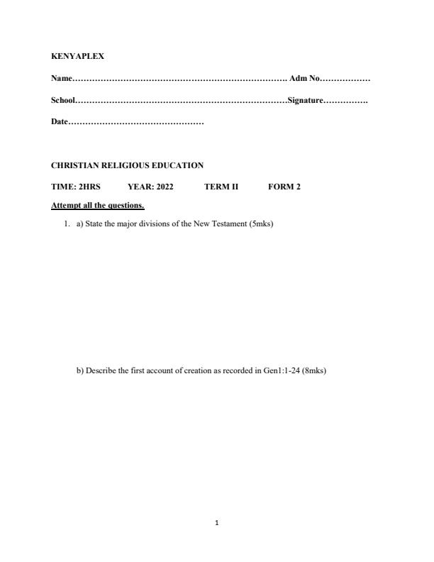 Form 2 CRE End of Term 2 Examination 2022 - 1268