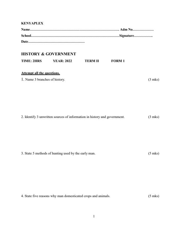 Form 1 History and Government End of Term 2 Examination 2022 - 1273