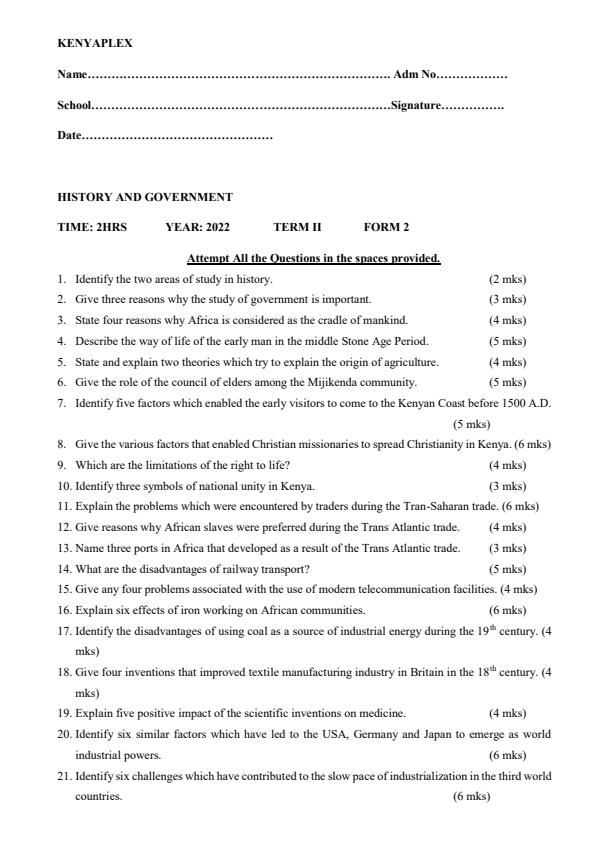 Form 2 History and Government End of Term 2 Examination 2022 - 1274