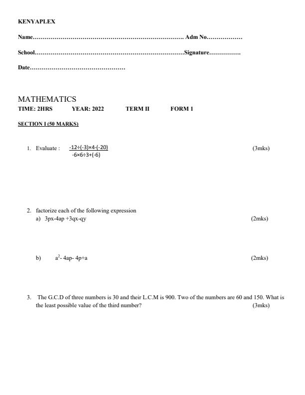 Form 1 Mathematics End of Term 2 Examination 2022 - 1279
