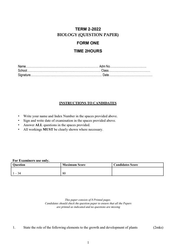 Form 1 Biology End of Term 2 Examination 2022 - 1307