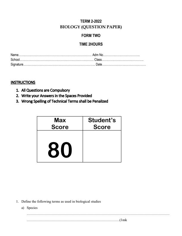 Form 2 Biology End of Term 2 Examination 2022 - 1313