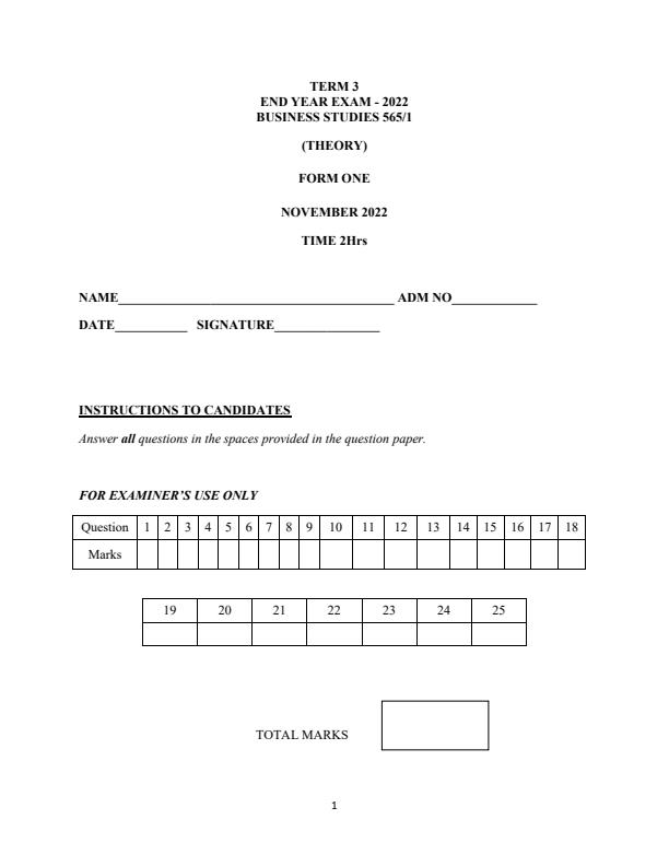 Form 1 Business Studies End of Term 3 Examination 2022 - 1351