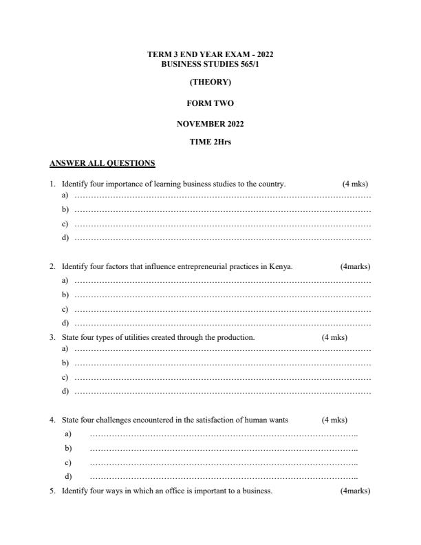 Form 2 Business Studies End of Term 3 Examination 2022 - 1352
