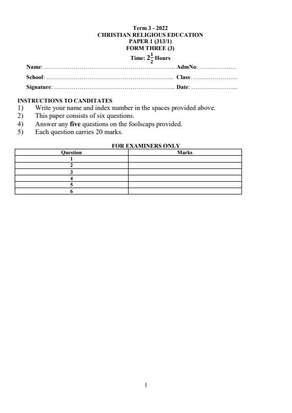 Form 3 CRE Paper 1 End of Term 3 Examination 2022 - 1367