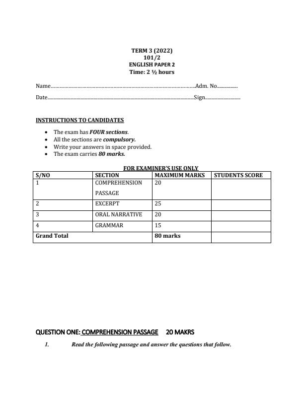 Form 3 English Paper 2 End Of Term 3 Examination 2022 1375 Form 3 English Paper 2 End Of Term 3 Examination 2022 1375