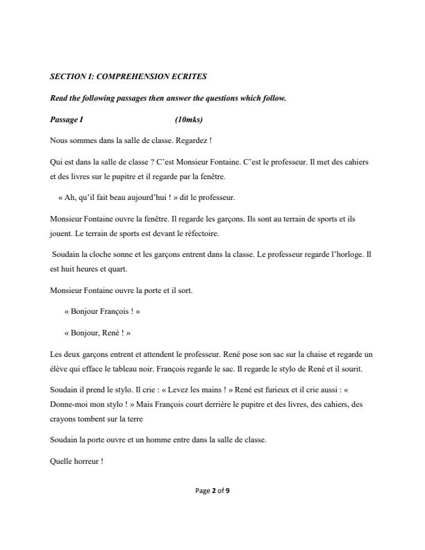 Form 1 French End of Term 3 Examination 2022 - 1377