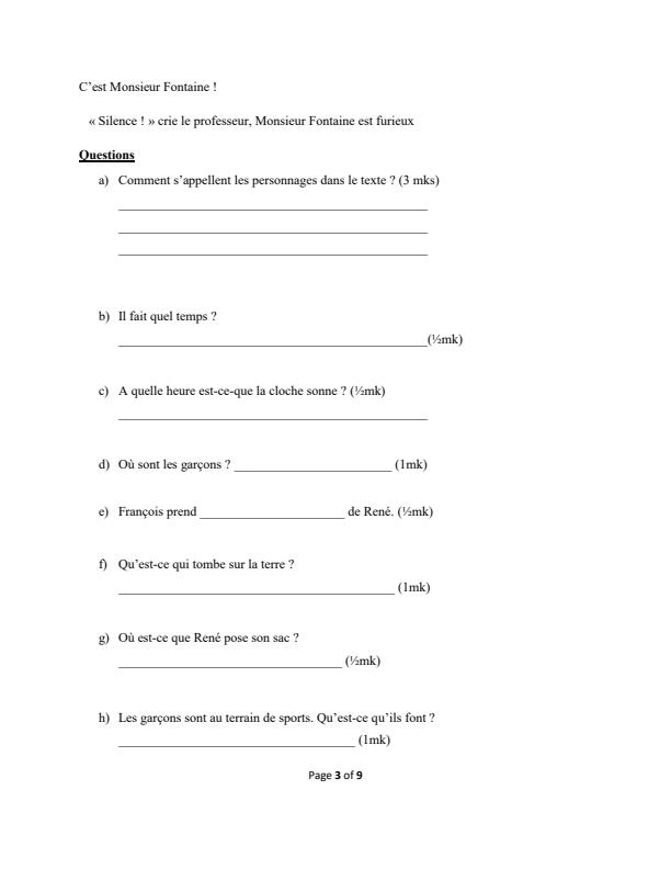 Form 1 French End of Term 3 Examination 2022 - 1377