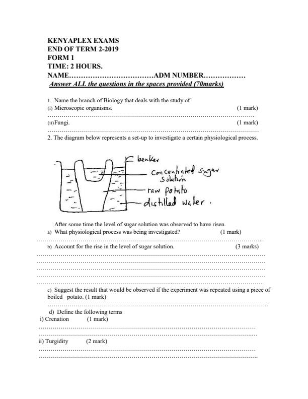 Form 1 Biology End of Term 2 Exams 2019 - 218