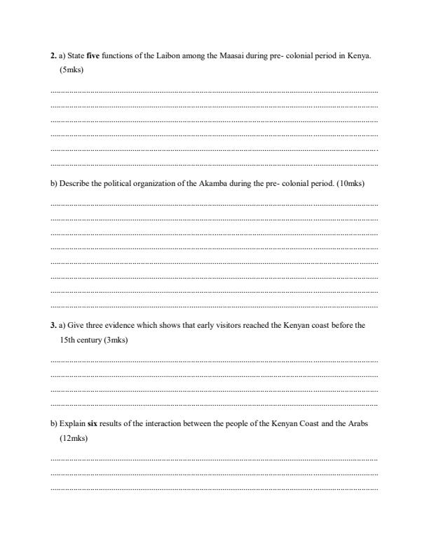 History Form 1 Term 3 Opener Examination - 281