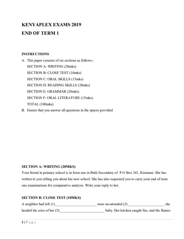 English Form 1 End of Term 1 Examination 2019 - 46