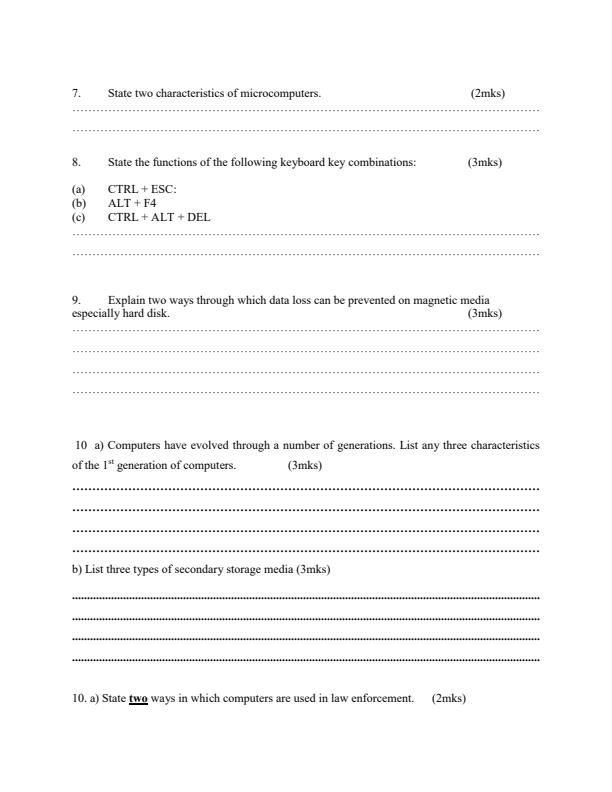 Form 1 Computer Studies End of Term 2 Examination 2021 - 713
