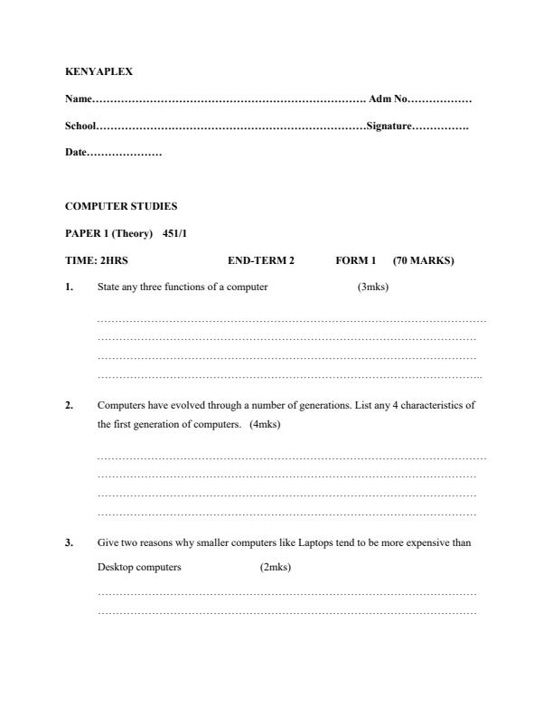 Form 1 Computer Studies End-Term 2 Examination 2021 - 874