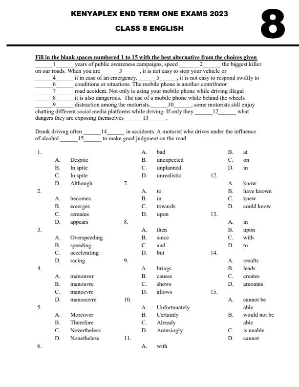 Class 8 English End of Term 1 Examination 2023 - 1551