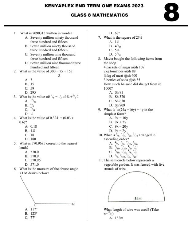 Class 8 Mathematics End of Term 1 Examination 2023 - 1553