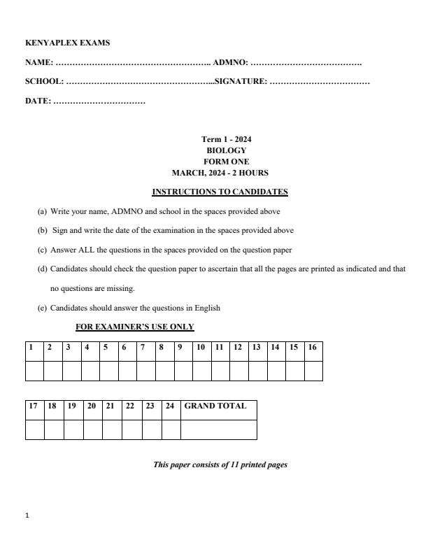 Form 1 Biology End of Term 1 Examination 2024 - 2204
