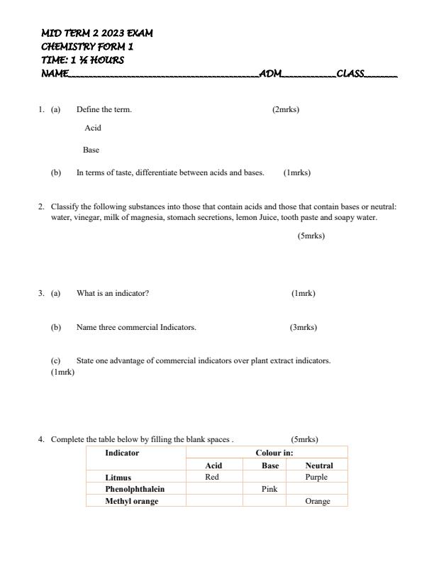 Form 1 Chemistry Mid Term 2 Exam 2023 - 1708