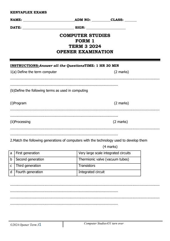 Form 1 Computer Studies Term 3 Opener Exam 2024 - 3005