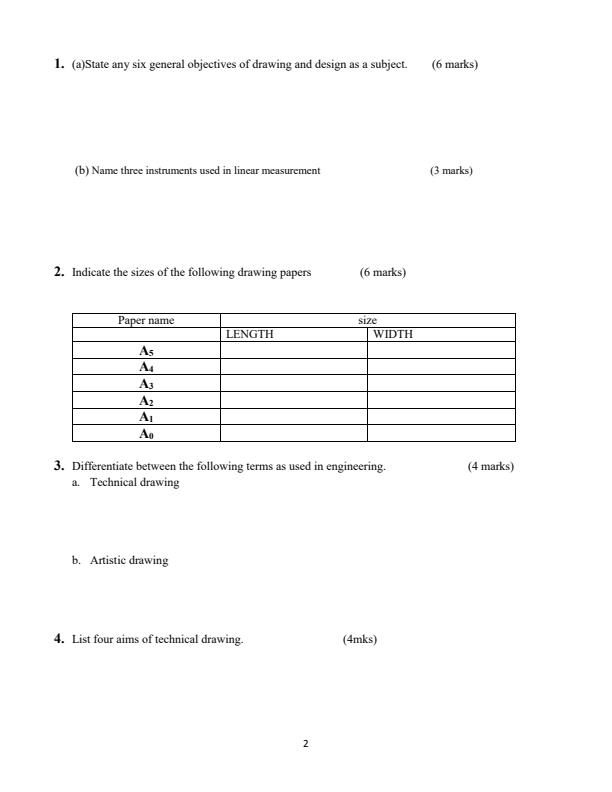 Form 1 Drawing and Design End of Term 1 Examination 2024 - 2209