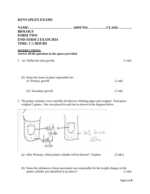 Form 2 Biology End of Term 2 Examination 2024 - 2711