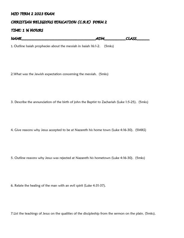 Form 2 CRE Mid Term 2 Exam 2023 - 1682