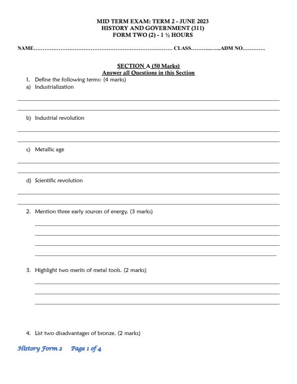 Form 2 History and Government Mid Term 2 Exam 2023 - 1712