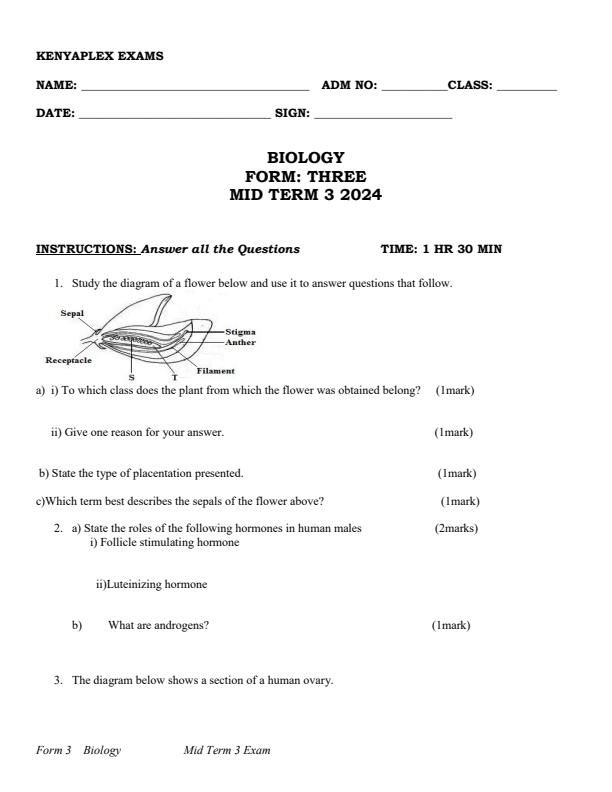 Form 3 Biology Mid Term 3 Examination 2024 3207 Form 3 Biology Mid Term 3 Examination 2024 3207