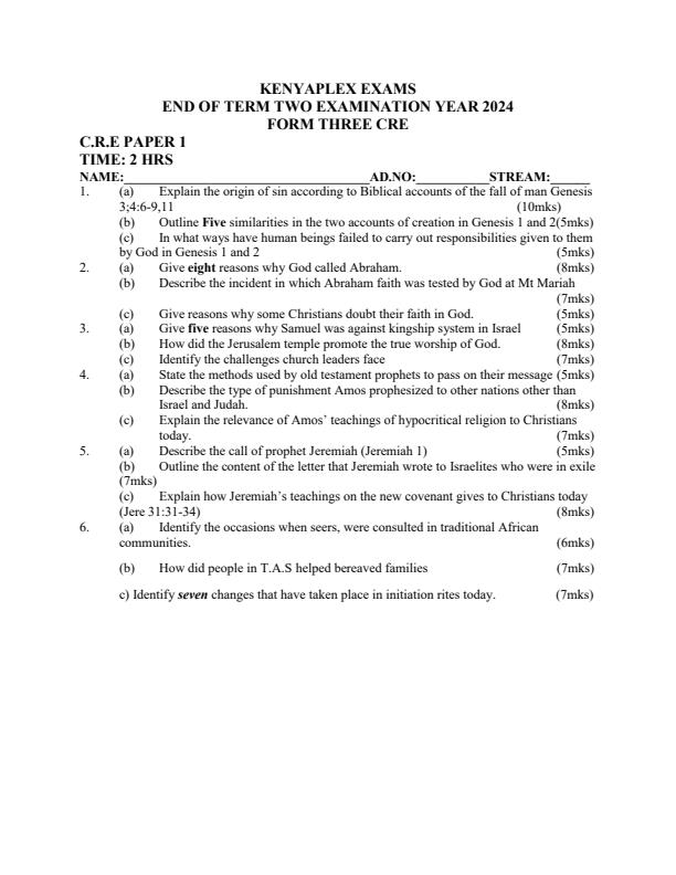 Form 3 CRE Paper 1 End of Term 2 Examination 2024 - 2755