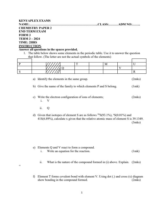 Form 3 Chemistry Paper 2 End of Term 3 Examination 2024 - 3270