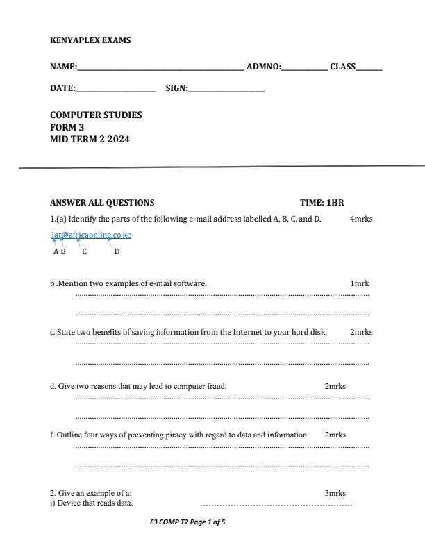Form 3 Computer Studies Mid Term 2 Exam 2025 - 4093