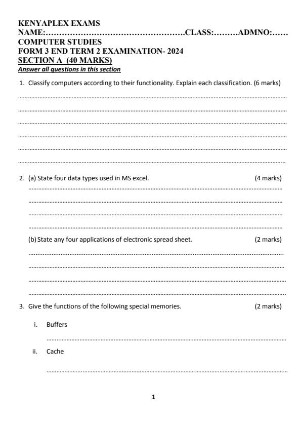 Form 3 Computer Studies Paper 1 End of Term 2 Examination 2024 - 2726