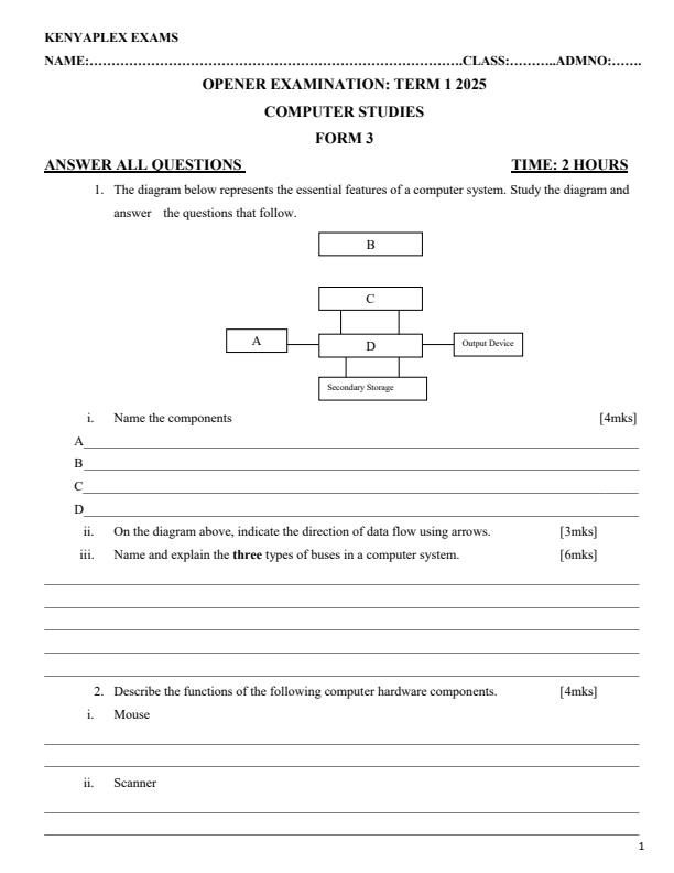 Form 3 Computer Studies Term 1 Opener Exam 2025 - 3566