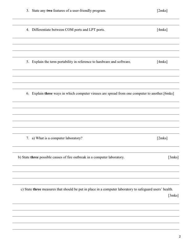 Form 3 Computer Studies Term 1 Opener Exam 2025 - 3566