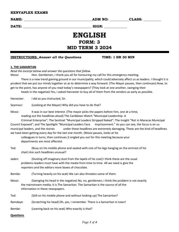 Form 3 English Mid Term 3 Examination 2024 - 3288