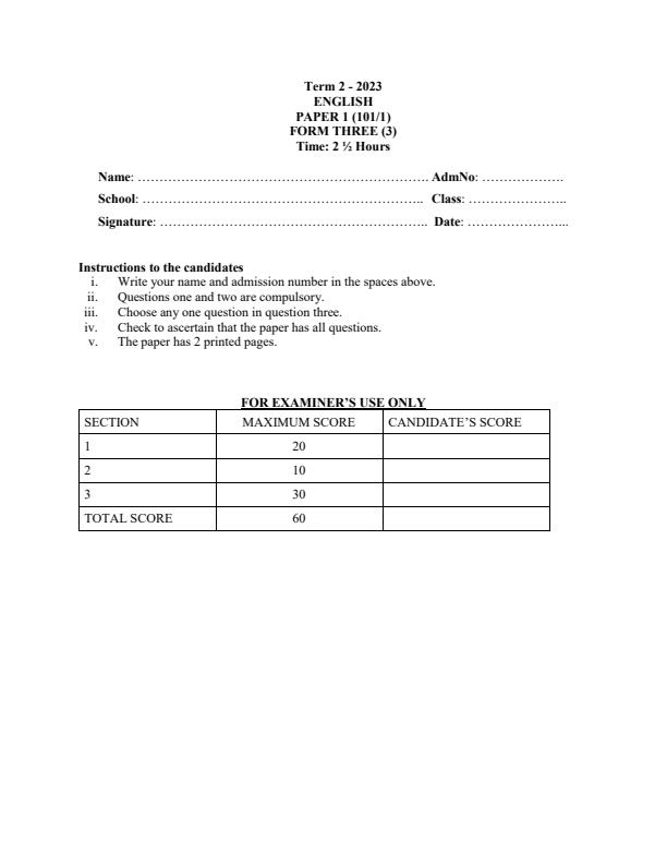 Form 3 English Paper 1 End of Term 2 Examination 2023 - 1771