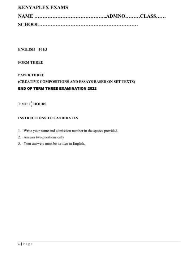 Form 3 English Paper 3 End of Term 3 Examination 2022 - 1139
