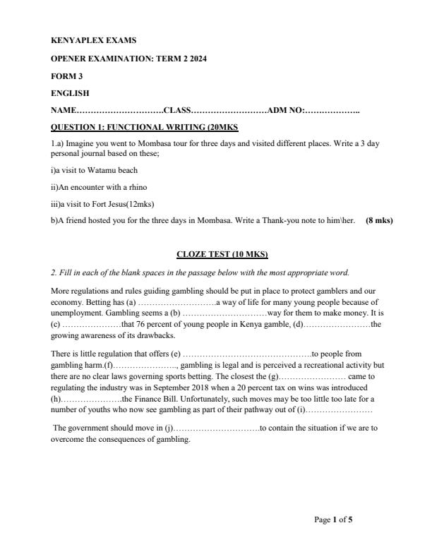 Form 3 English Term 2 Opener Exam 2024 - 2384