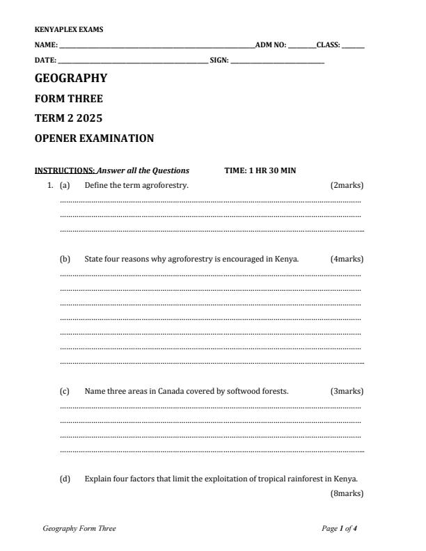 Form 3 Geography Term 2 Opener Exam 2025 - 3941