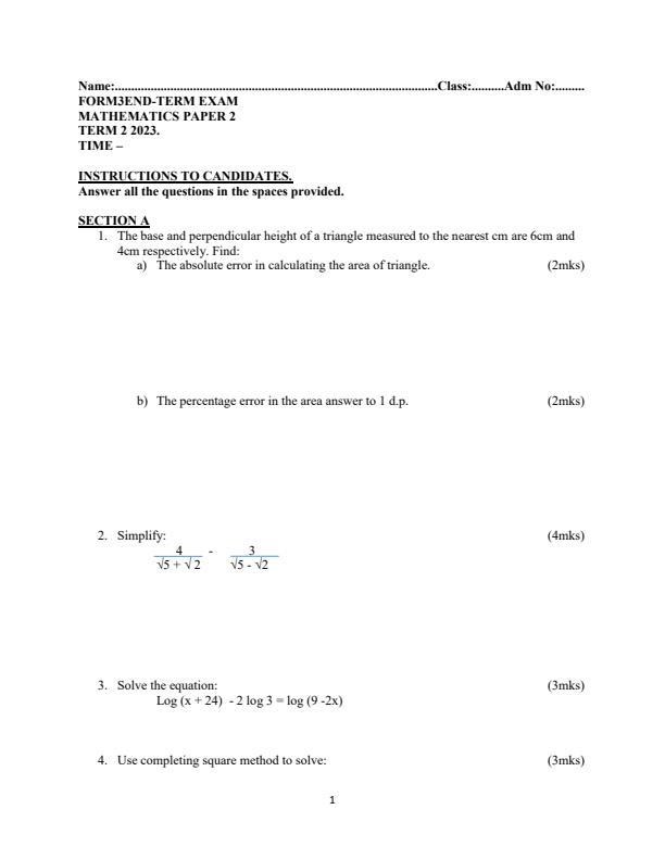 Form 3 Mathematics Paper 2 End of Term 2 Examination 2023 - 1788