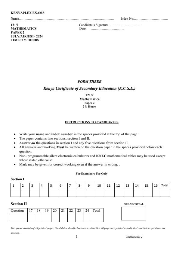 Form 3 Mathematics Paper 2 End Of Term 2 Examination 2024 2790