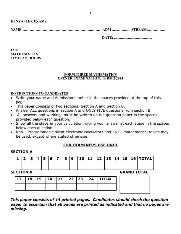 Form 3 Mathematics Term 2 Opener Exam 2024 2397