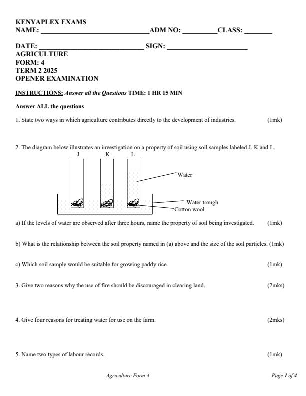 Form 4 Agriculture Term 2 Opener Exam 2025 - 3921