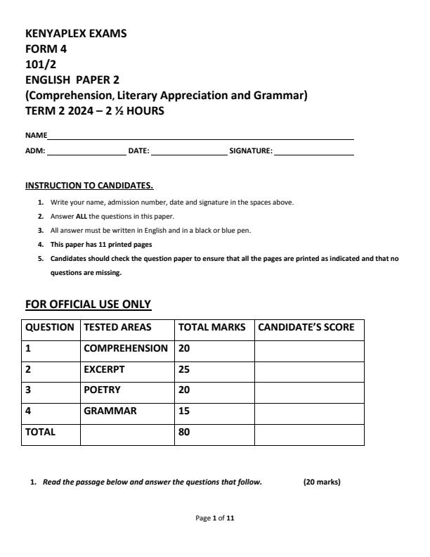 Form 4 English Paper 2 End of Term 2 Examination 2024 - 2770