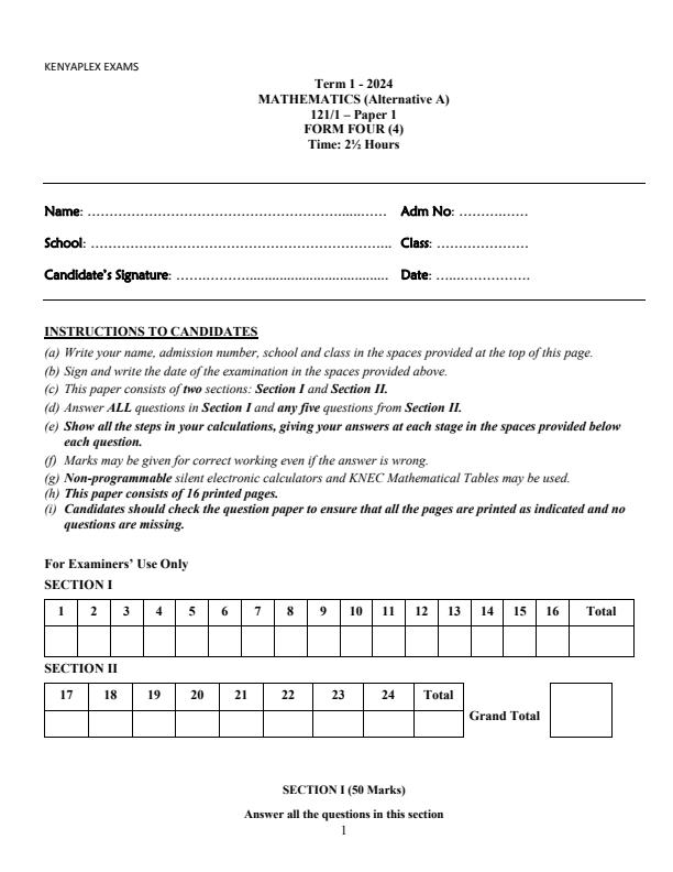 Form 4 Mathematics Paper 1 End of Term 1 Examination 2024 - 2289