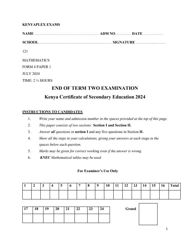 Form 4 Mathematics Paper 1 End of Term 2 Examination 2024 - 2791