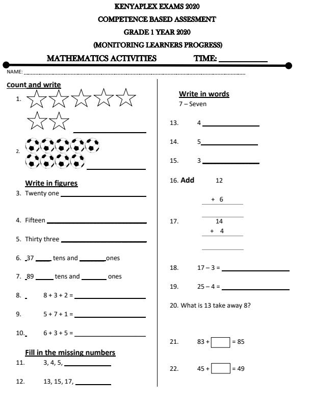 Grade 1 Mathematics Activities Term 1 Opener Examination 2020 - 506