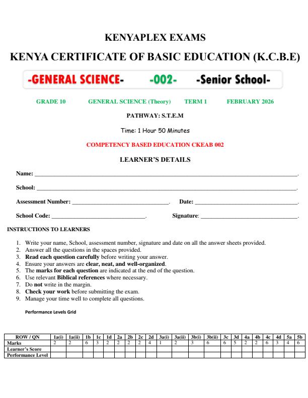 Grade 10 General Science Mid Term 1 Exam 2026