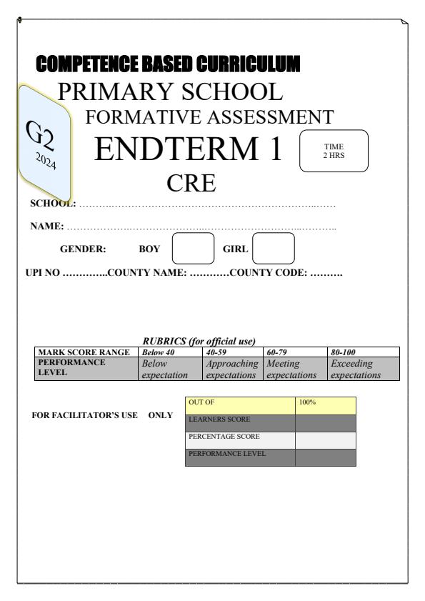 Grade 2 CRE End of Term 1 Exam 2024 - 2170