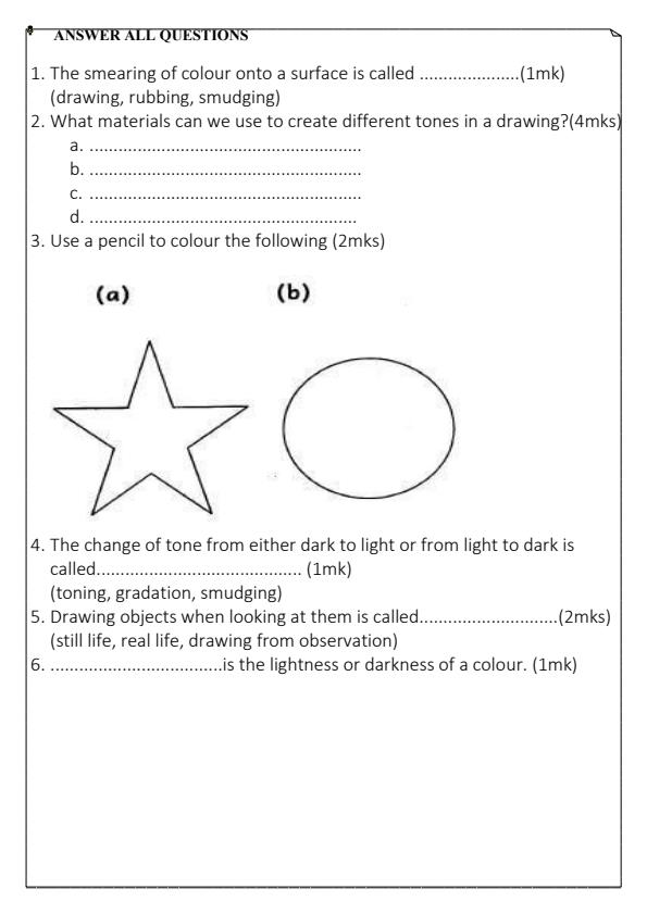 Grade 4 Creative Arts End of Term 1 Exam 2024 - 2187