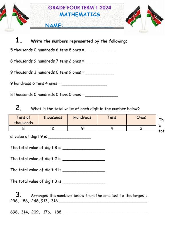 Grade 4 Mathematics Term 1 Opener Exam 2024 1946 Grade 4 Mathematics Term 1 Opener Exam 2024 1946
